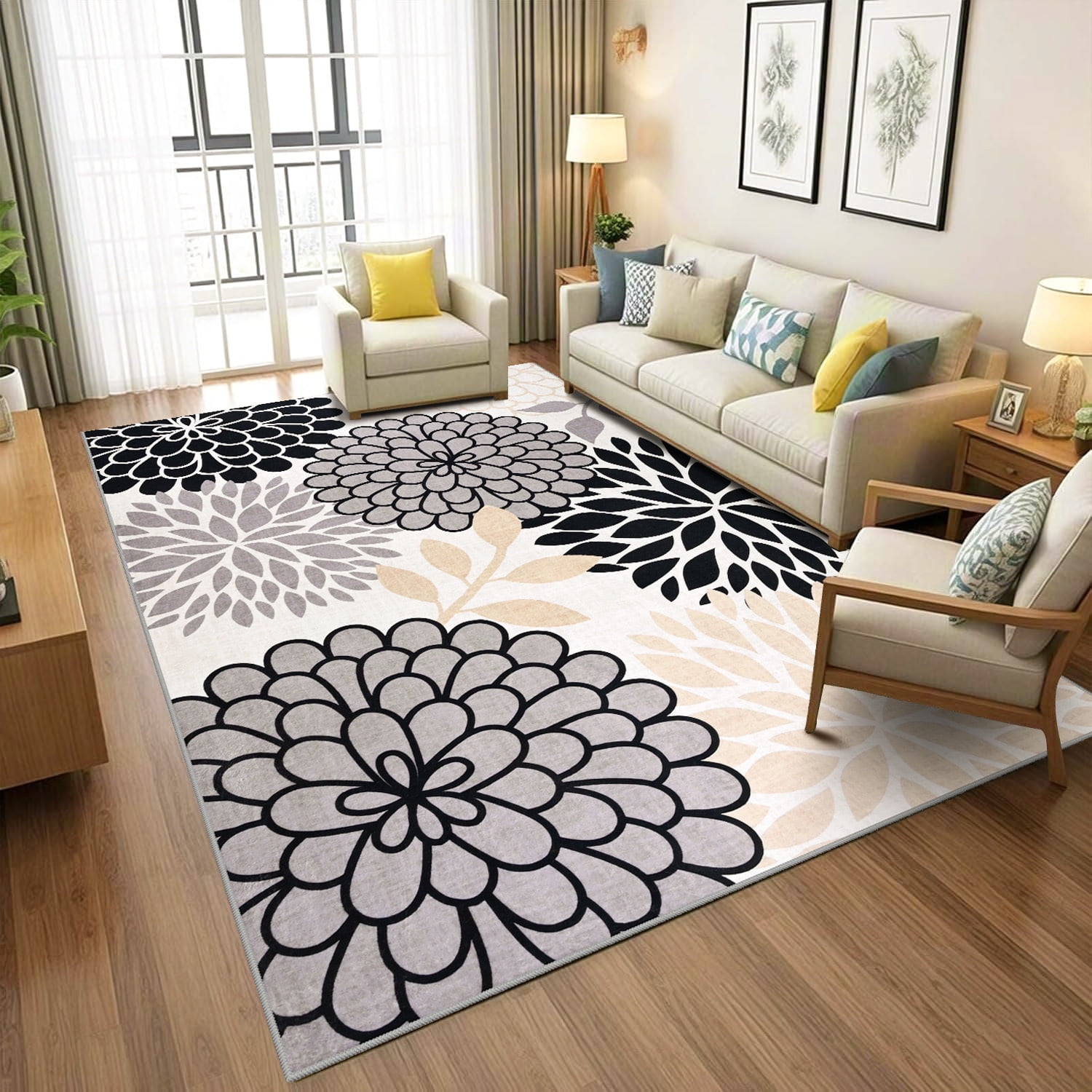 Wellber Floral Area Rug Soft Rugs Non-Slip Washable Carpet for Living ...