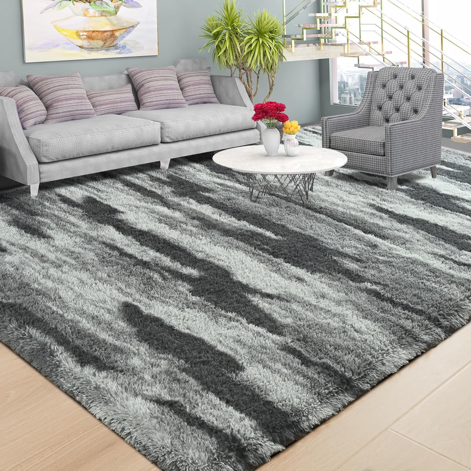 Wellber Shag Rugs Fluffy Tie-Dyed Area Rug for Bedroom Living Room ...