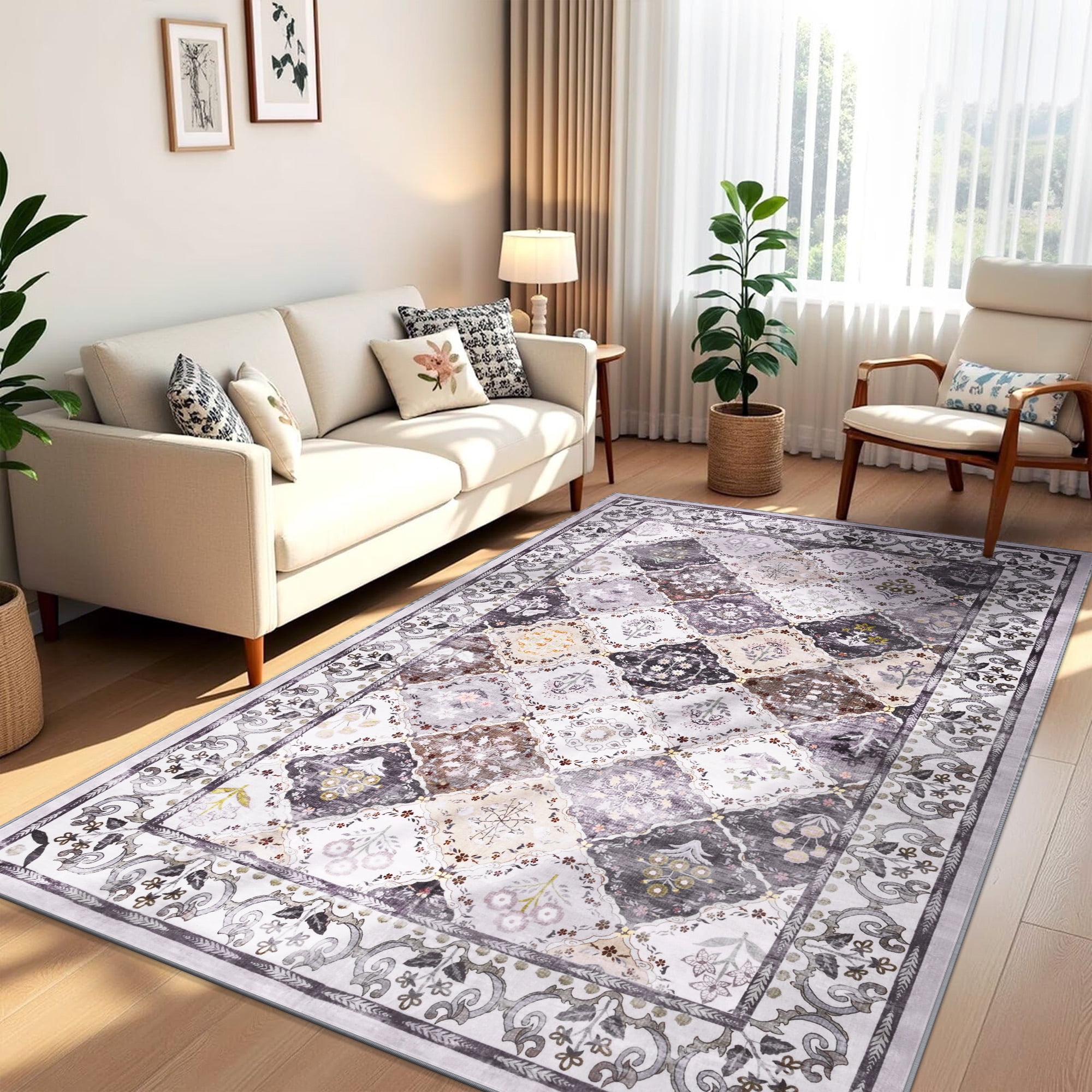Wellber Vintage Rugs Boho Floral Area Rug Fluffy Carpet for Living Room ...