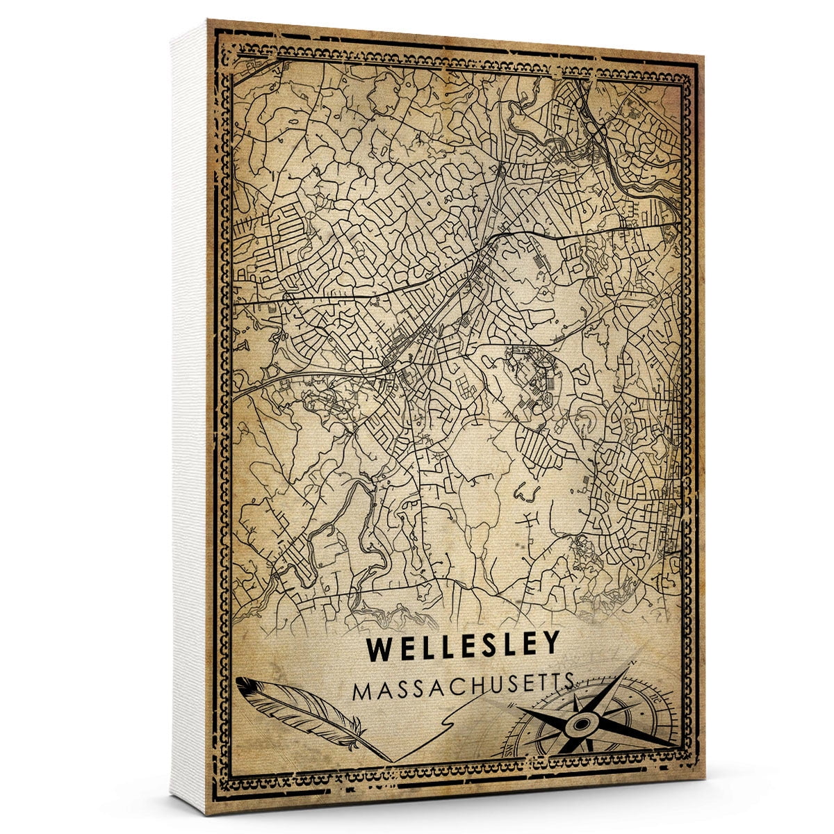 Wellesley Vintage Map Prints Canvas, Massachusetts Map Art Canvas ...