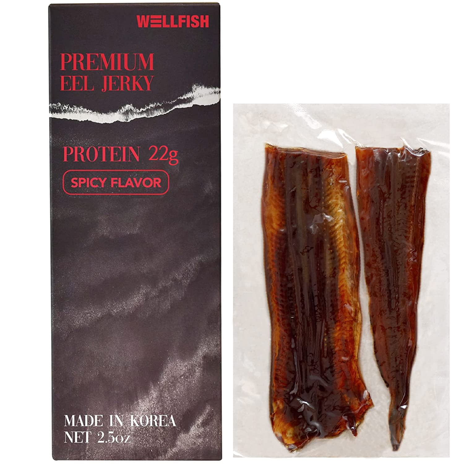 Wellfish Premium Eel Jerky (Spicy, 1 TVS1 Pack) - High Protein Korean Meat Substitute, Ready to ...