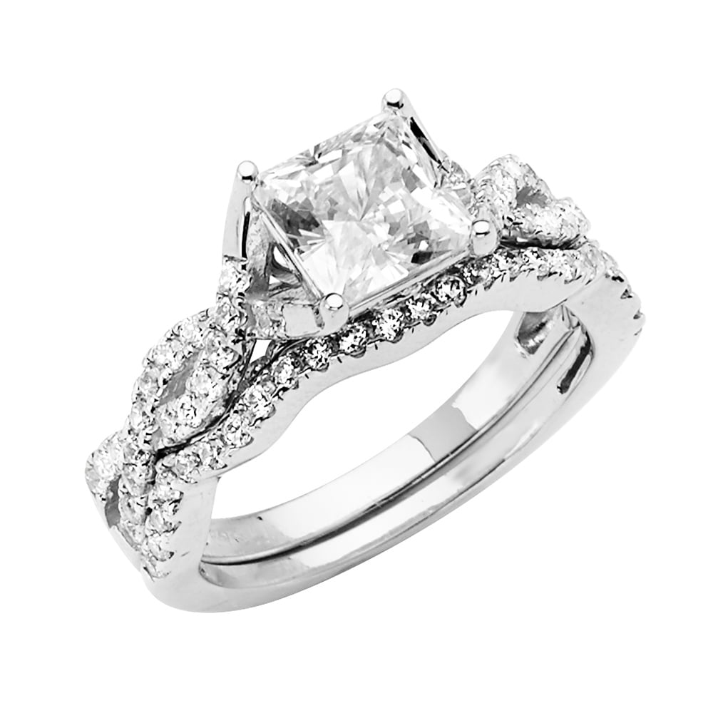 Wellingsale Ladies Solid 14k White Gold Polished Princess 4 Prong CZ ...