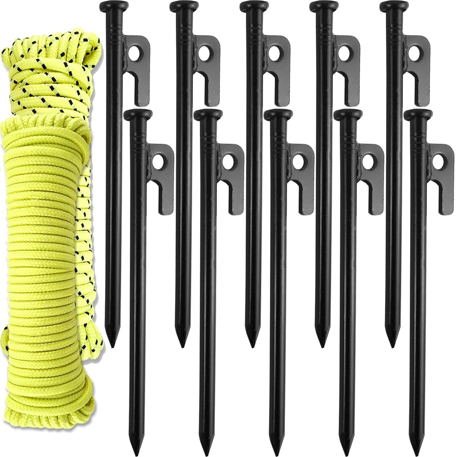 Wellmax 10PC Heavy Duty Tent Stakes with 2PC Glow in Dark Rope 3/16 ...
