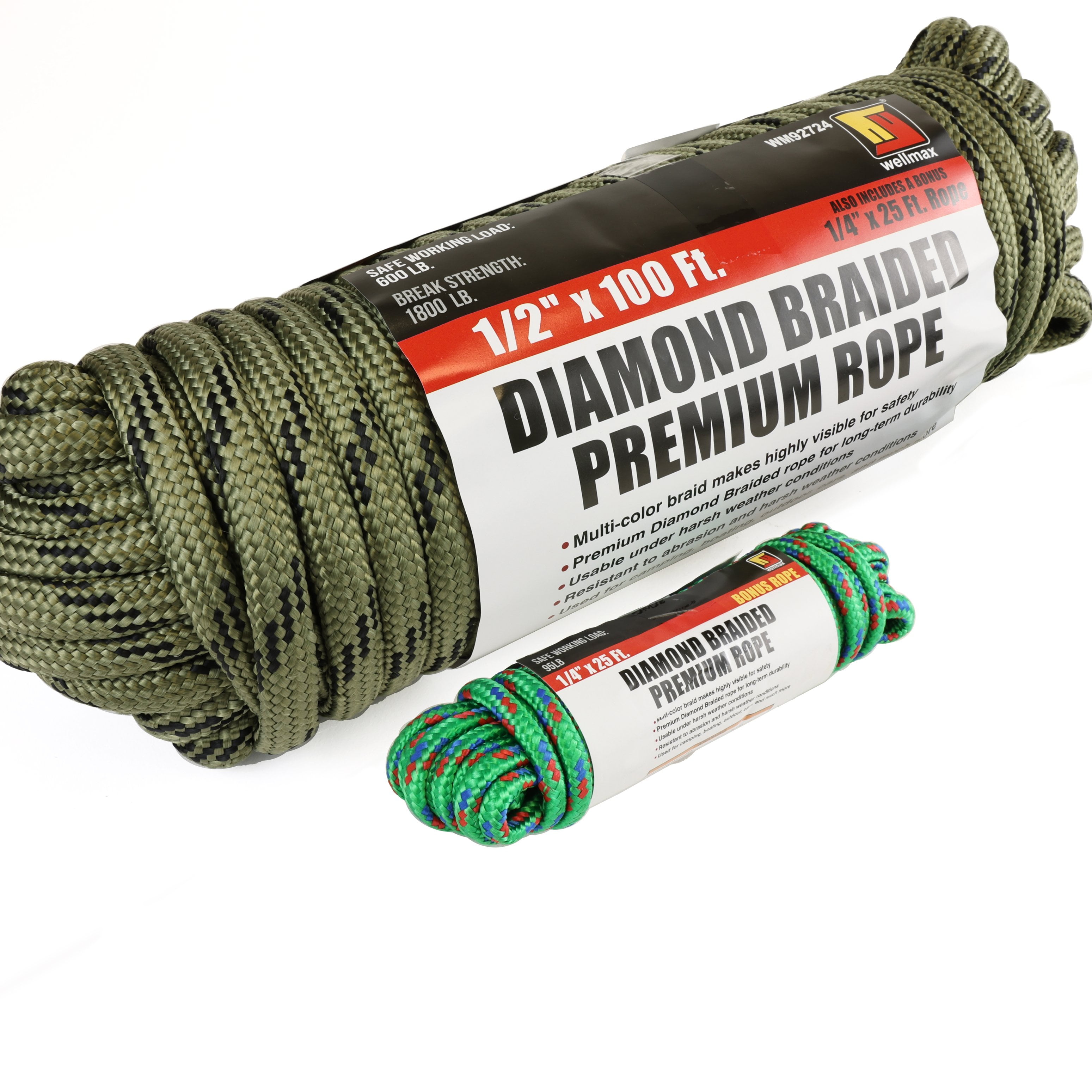Wellmax Diamond Braid Nylon Rope, 1/2 in X 100 Foot with UV Protection ...