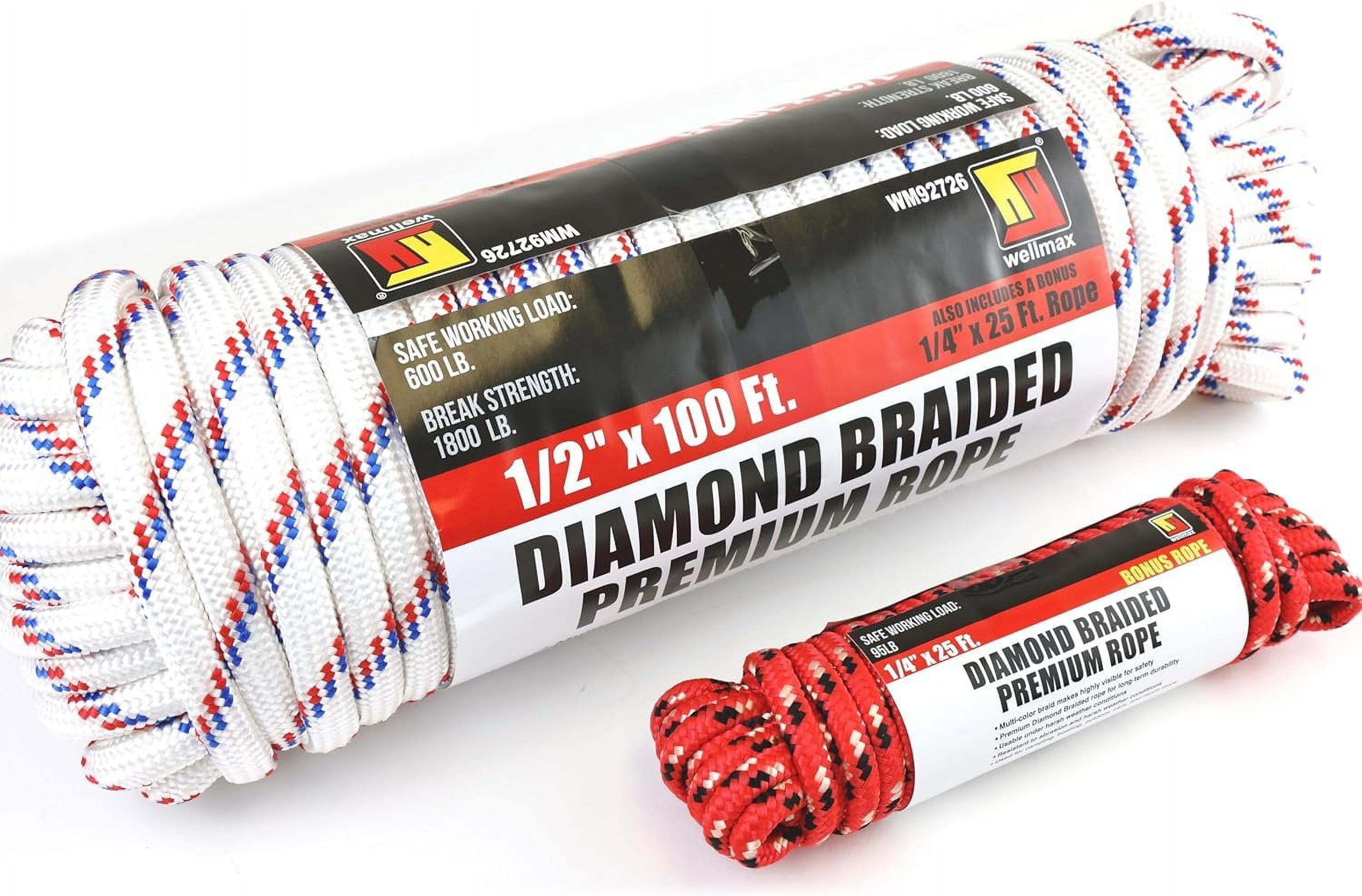 Wellmax Diamond Braid Nylon Rope, 1/2 in X 100 Foot with UV Protection ...