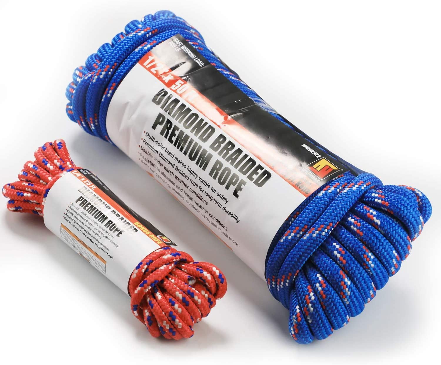 Wellmax Diamond Braid Nylon Rope, 1/2in X 50FT with Bonus 1/4in x 25FT ...