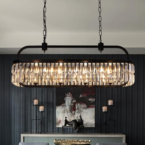 Wellmet Black Crystal Chandelier for Dining Room, 4 Lights Retangle ...