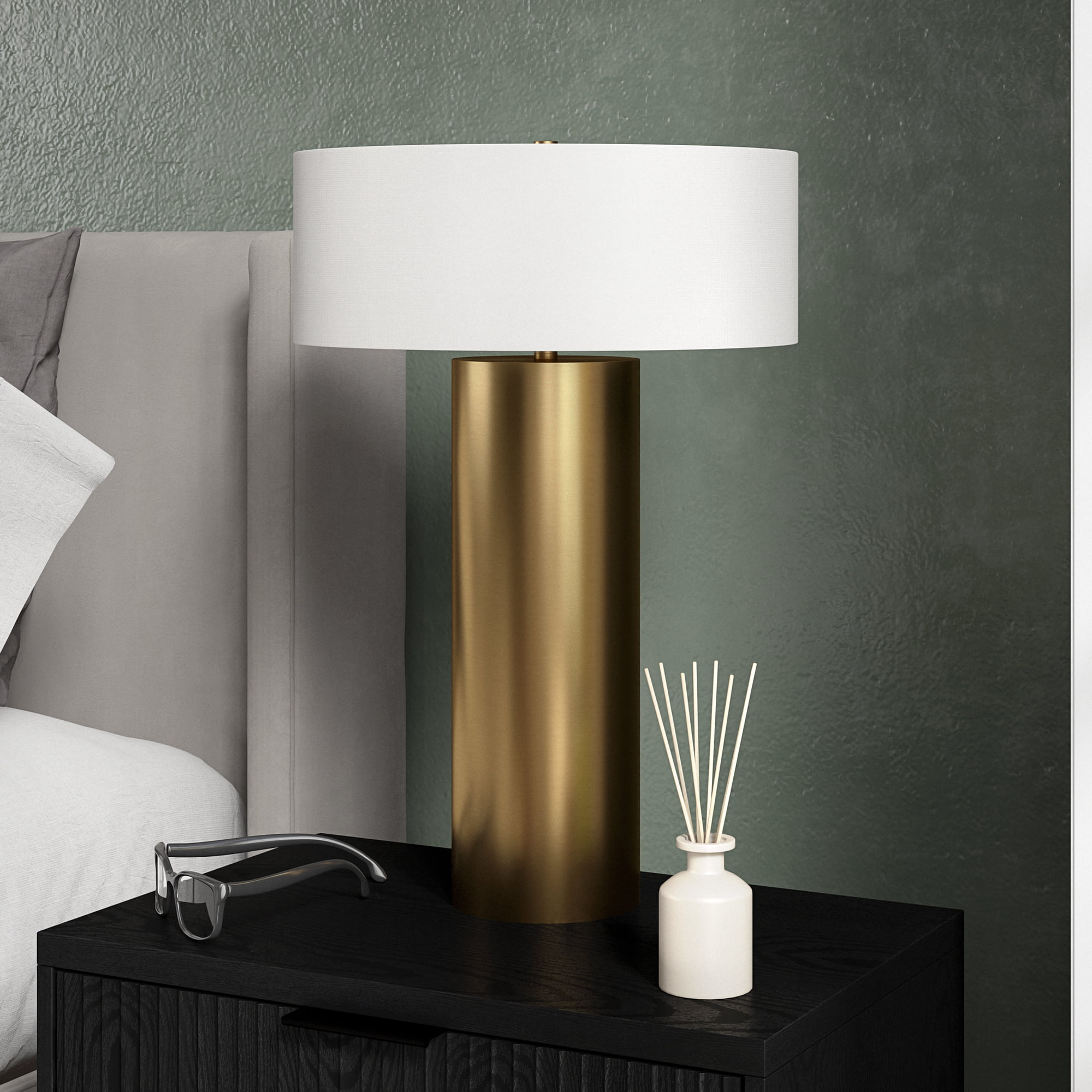 Wells 24" Tall Table Lamp with Fabric Shade in Brass/White - Walmart.com
