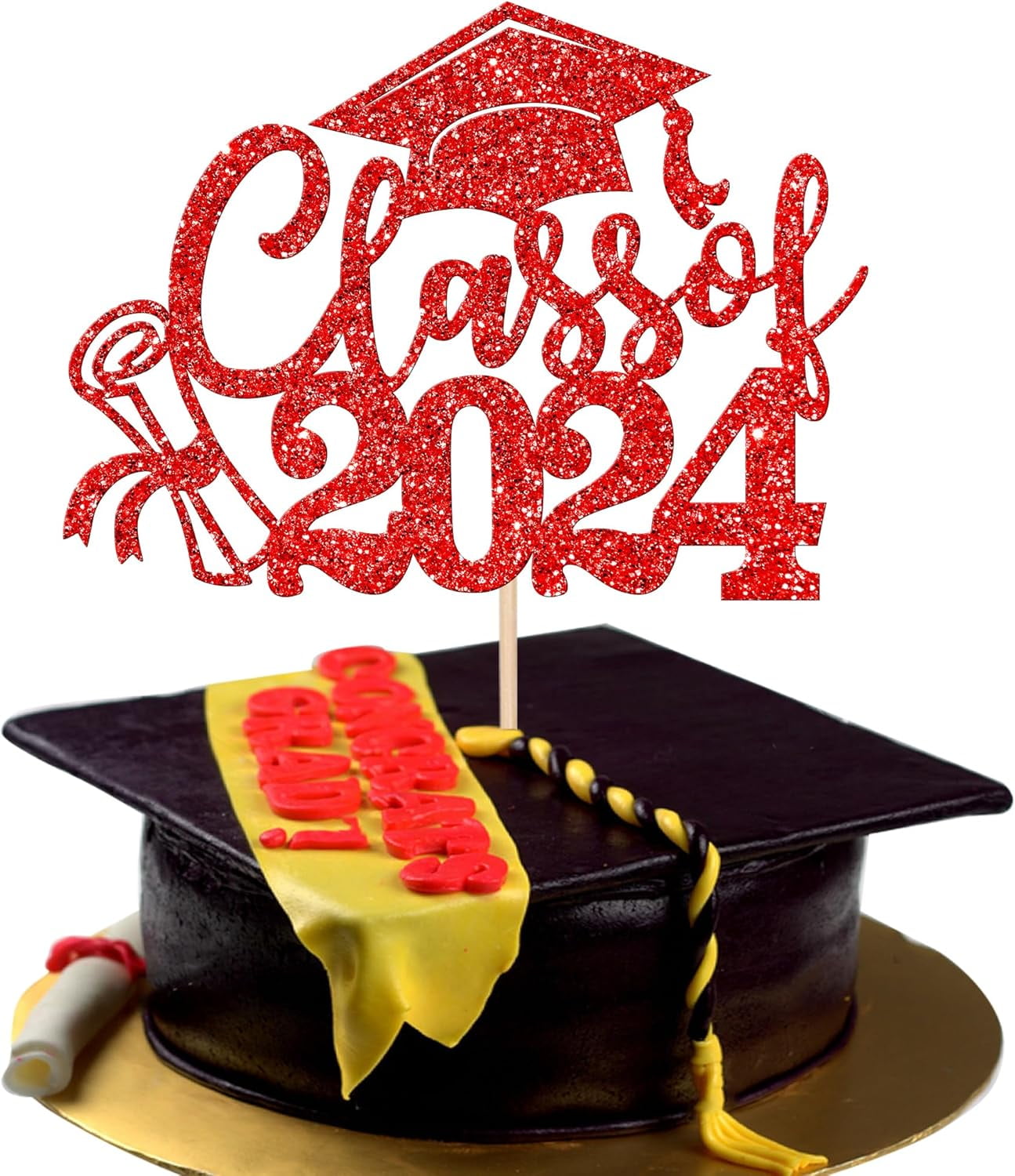 Wellsay 1 PCS Class of 2024 Cake Tor Glitter Diploma Congrats Grad Cap ...