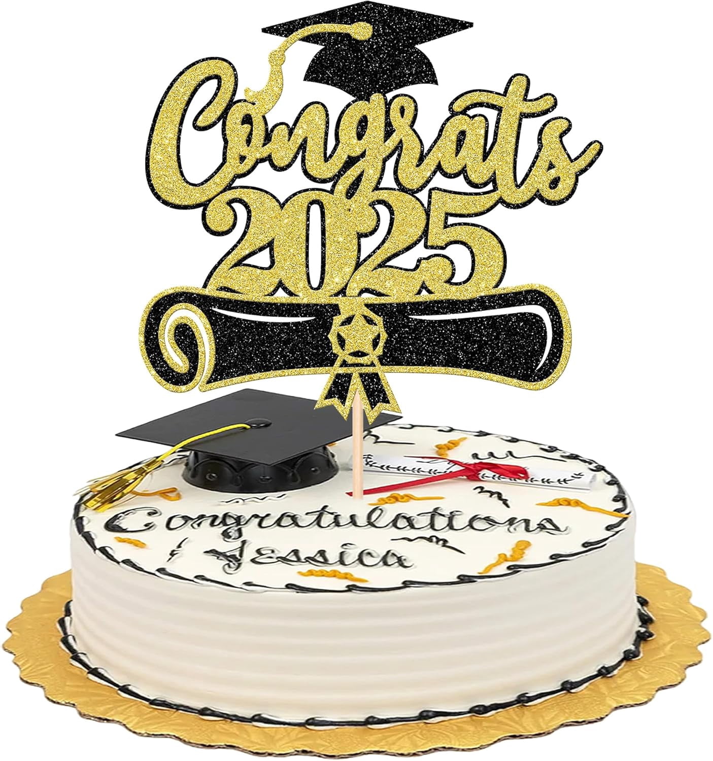 Wellsay 1 PCS Congrats 2025 Cake Tor Black Gold Glitter Diploma Grad ...