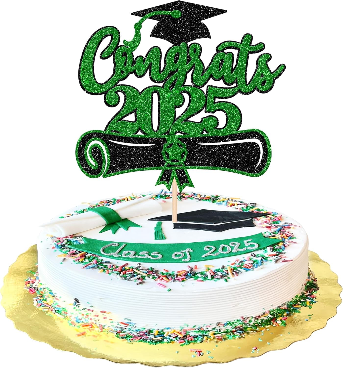 Wellsay 1 PCS Congrats 2025 Cake Tor Glitter Diploma Grad Cap Cake Pick ...