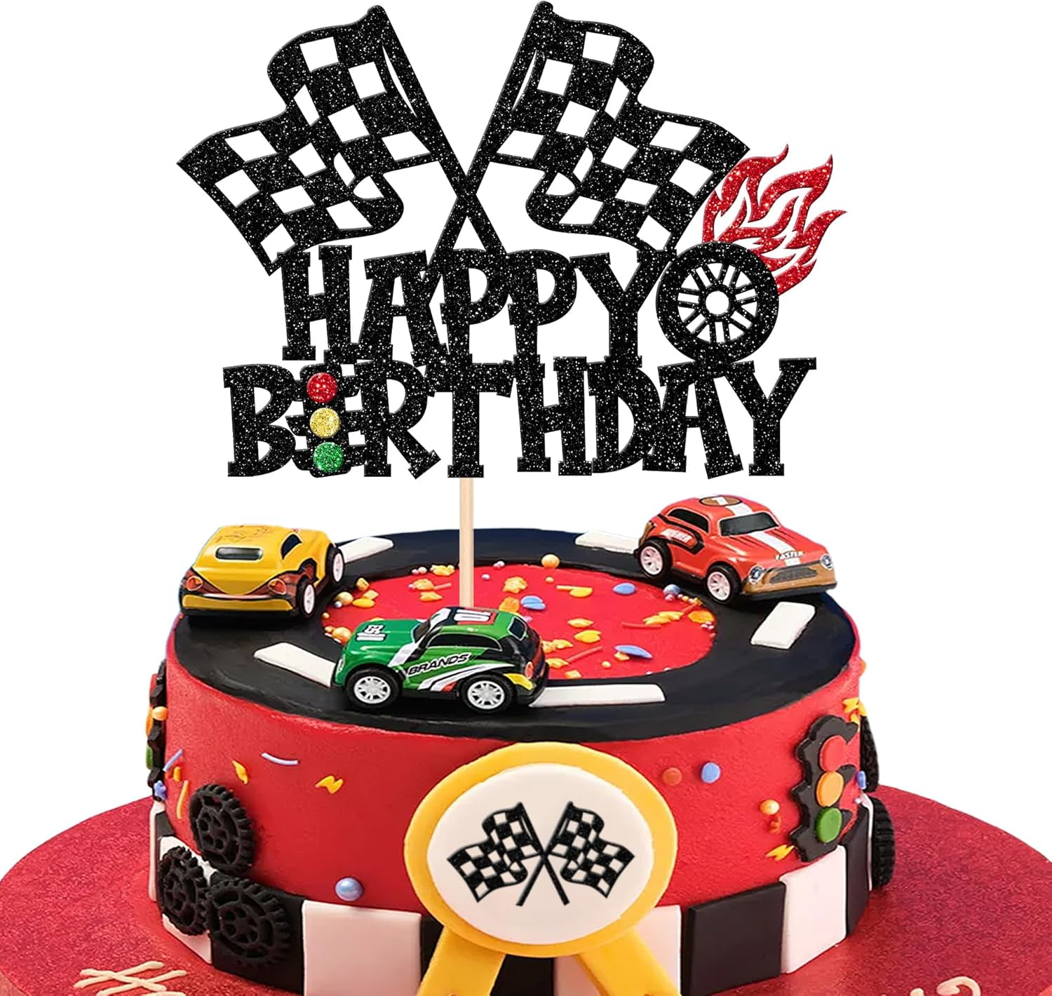 Wellsay 1 PCS Race Car Happy Birthday Cake Tor Glitter Trafc Light Trophy Flag Wheel Racing Car ...