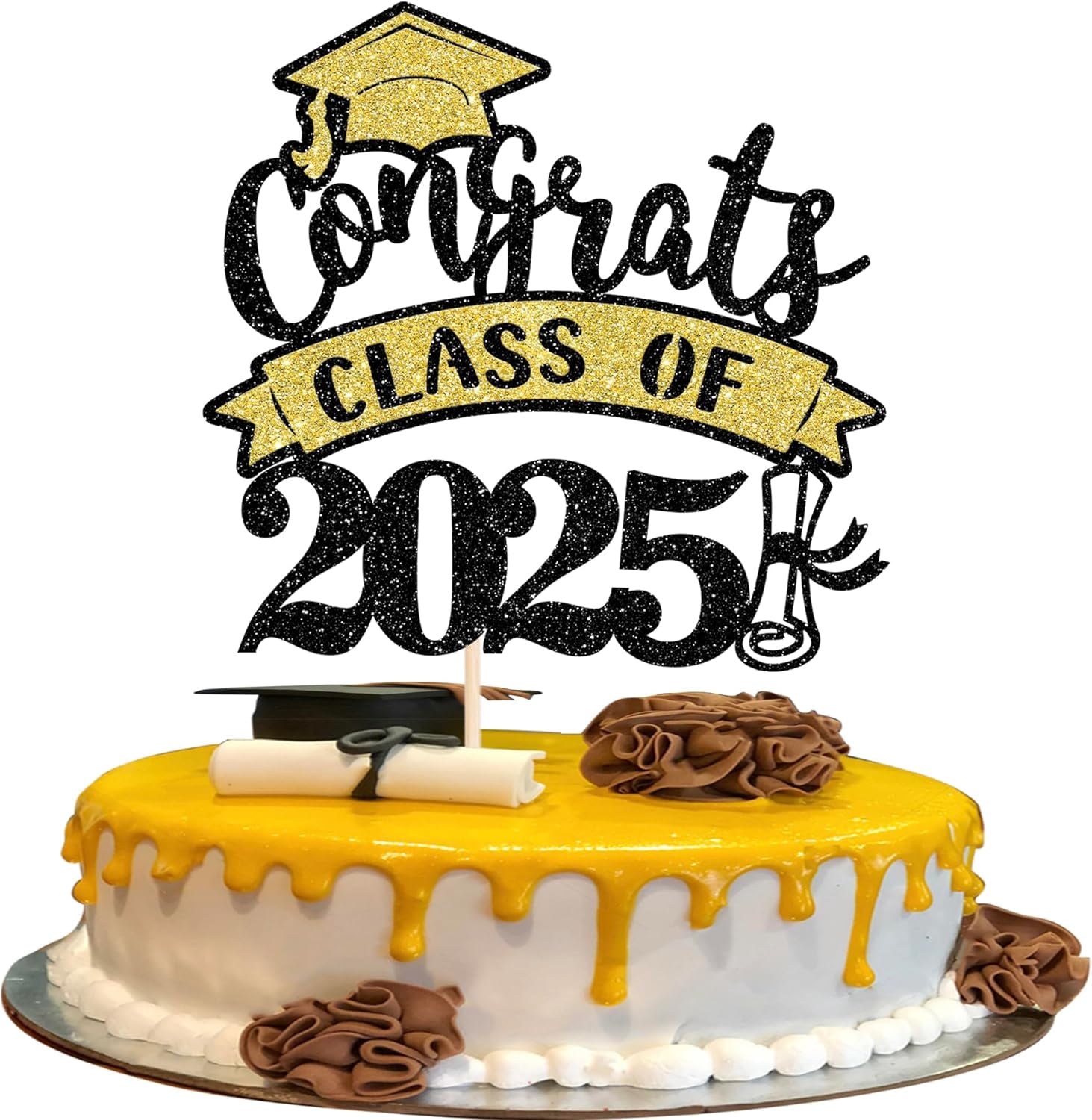 Wellsay 1 Pack Congrats Class of 2025 Cake Tor with Gold Black Glitter ...