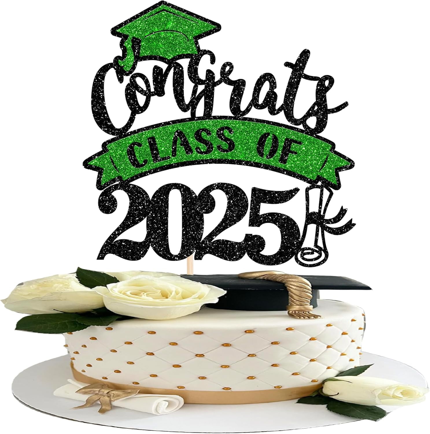 Wellsay 1 Pack Congrats Class of 2025 Cake Tor with Green Glitter ...