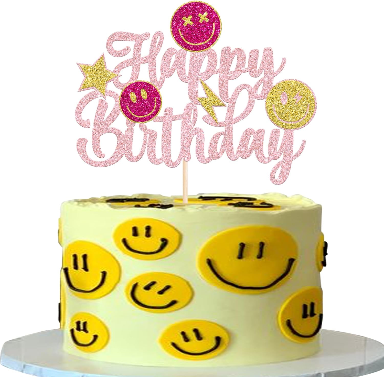 Wellsay 1 Pack Smile Face Happy Birthday Cake Tor Gold Glitter Cut Emoji Cake Pick Smiley ...