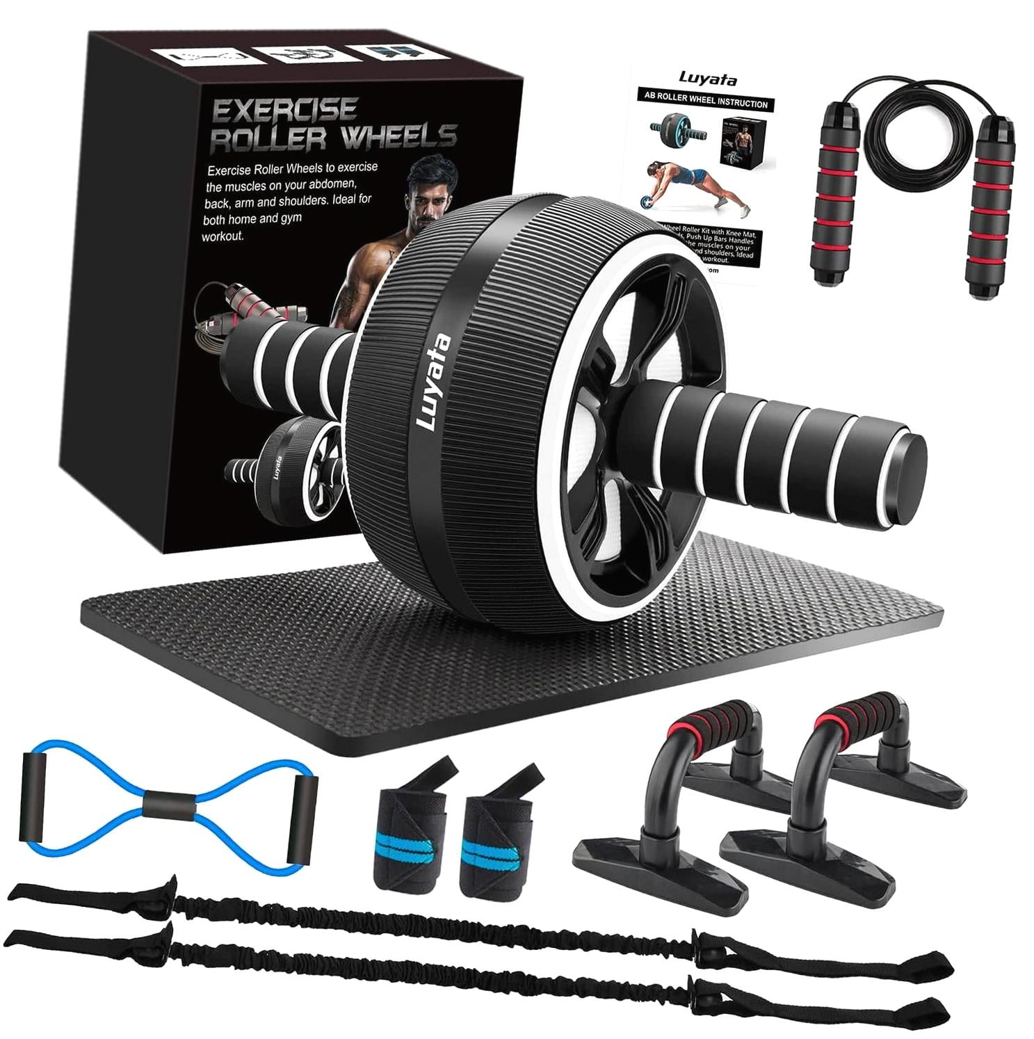 Wellsay, 10-In-1 Ab Exercise Wheels Kit with Resistance Bands, Knee Mat ...