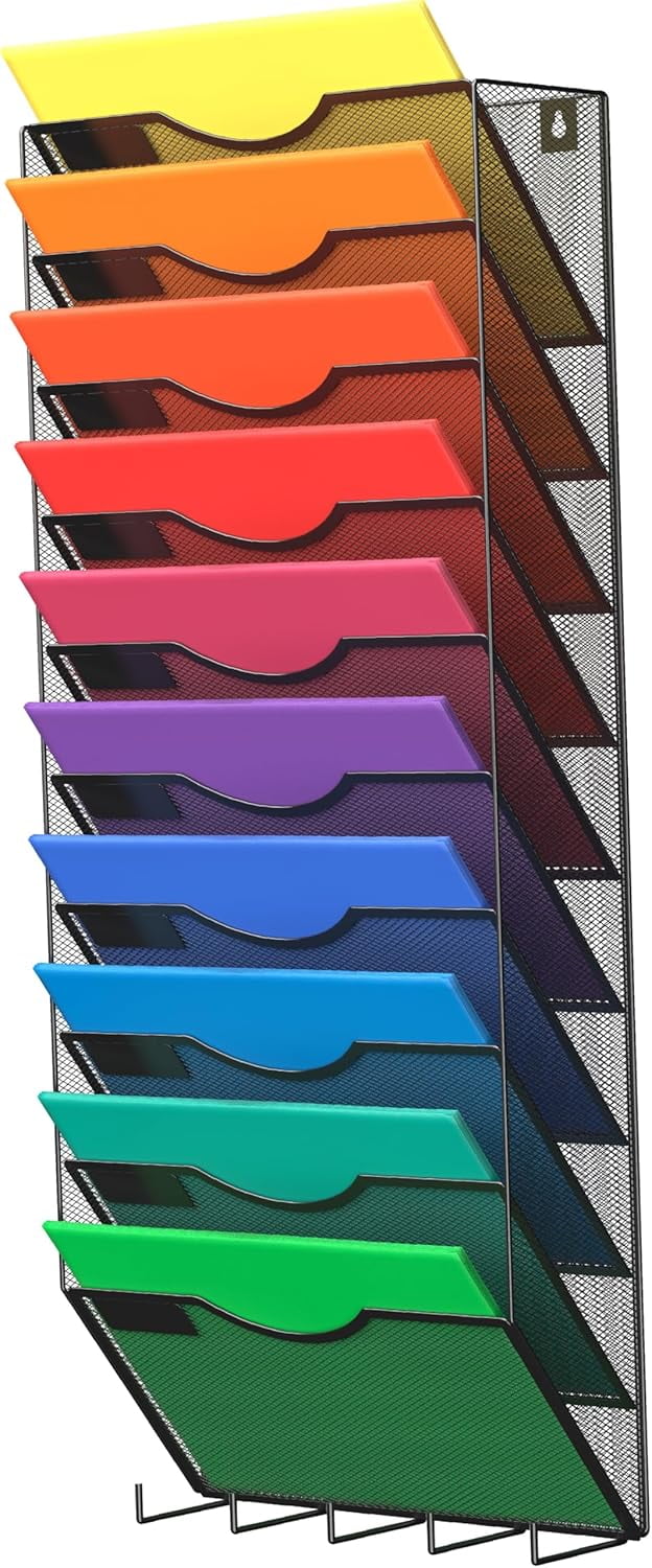 Wellsay 10-Tier Wall Mounted Hanging File Organizer Metal Mesh Wall ...