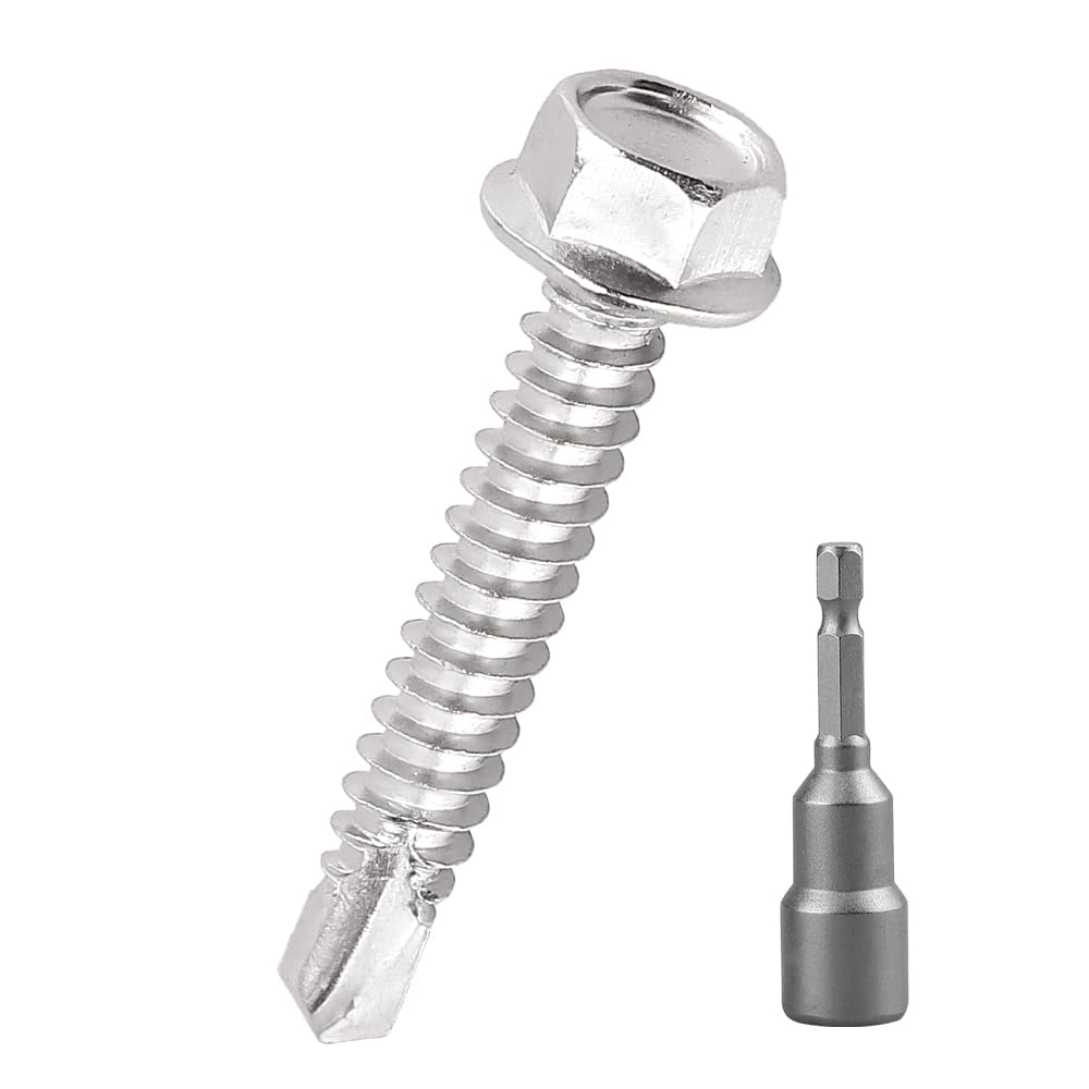 Wellsay #10 x 1-1/2" Hex Washer Head Self Drilling Screws (50 pcs), 410 Stainless Steel Flanged ...
