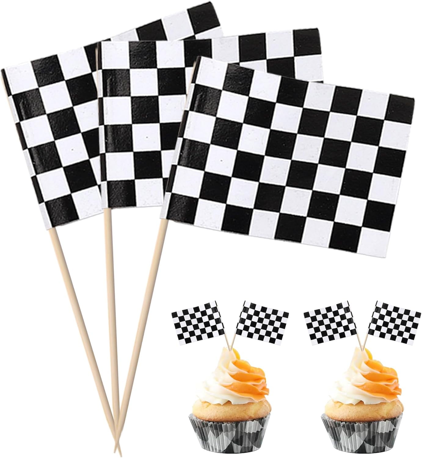 Wellsay 100 Pack Mini Checkered Flag Cupcake Tors Checkered Racing Flag ...