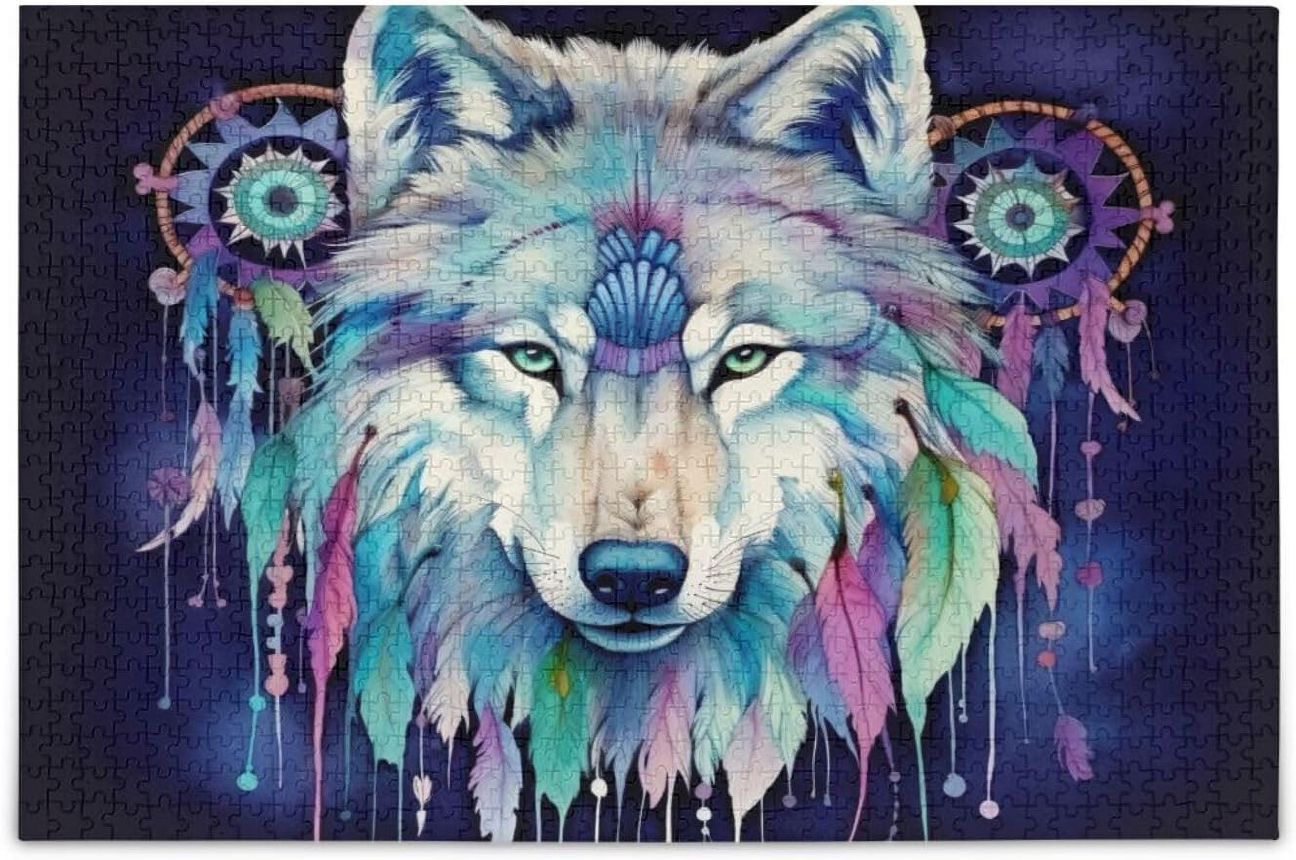 Wellsay 1000 Pieces Dream Catching Feather and Wolf Jigsaw Puzzle for ...