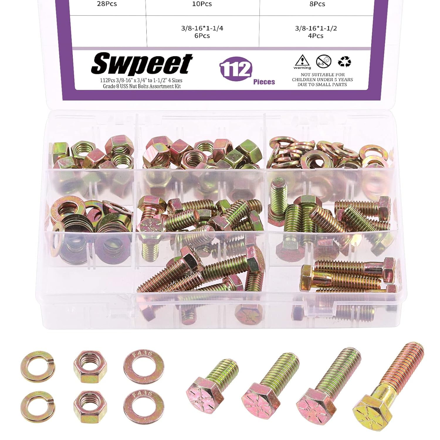 Wellsay 112Pcs 3/8-16" x 3/4" to 1-1/2" 5 Sizes Grade 8 USS Nut Bolts ...
