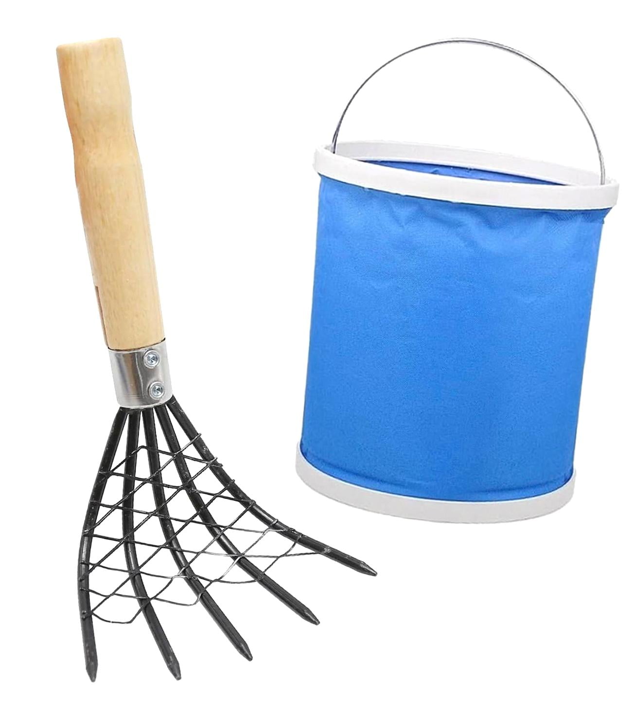 Wellsay 11L Folding Bucket+5-Tine Steel Hand Rake Short Clam Harrow ...