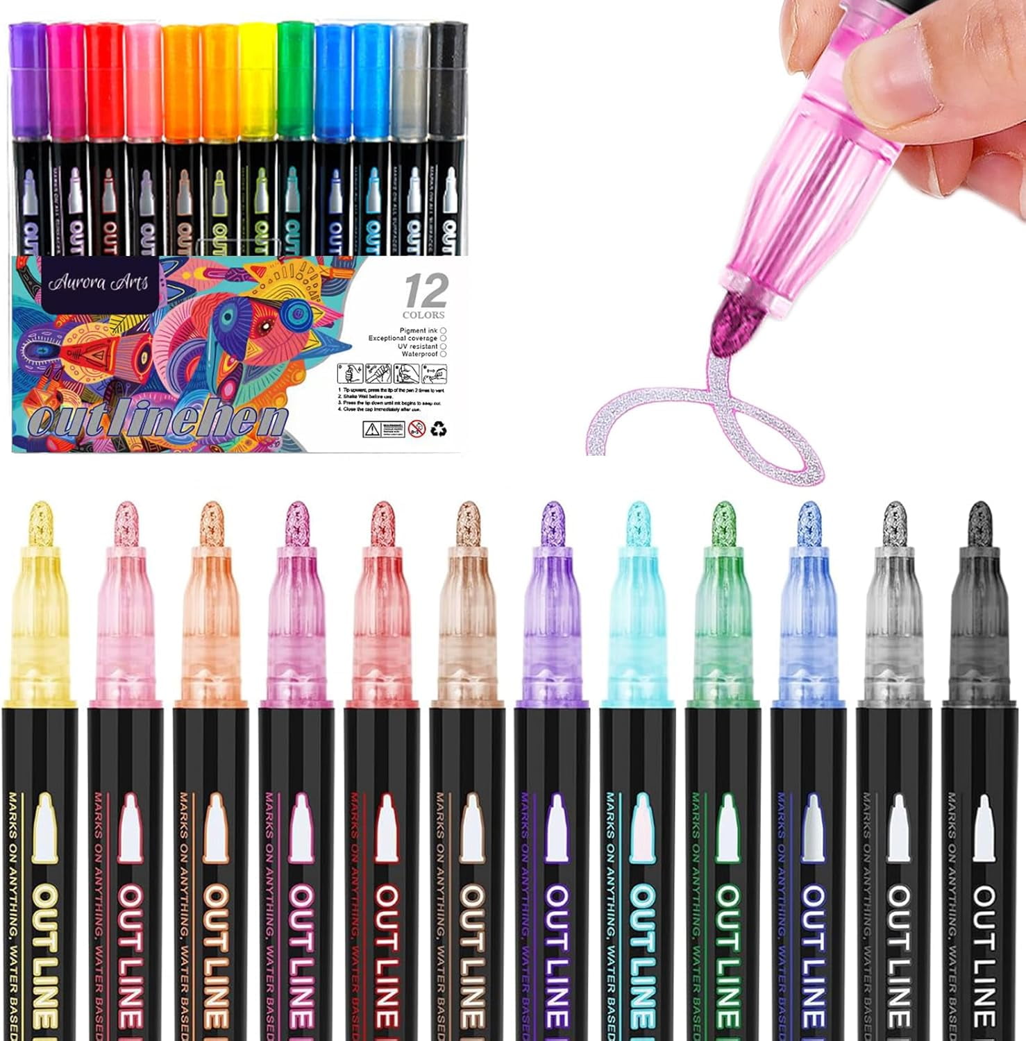 Wellsay 12 Color Outline Mers, Metc Glitter Pens Set Sple Kid Age 4 8 ...