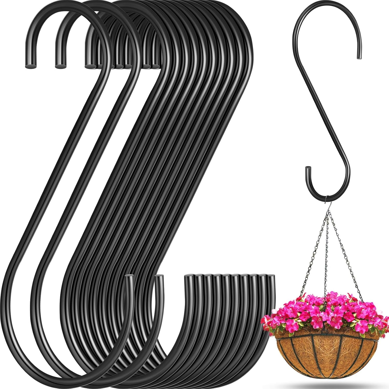 Wellsay 12 Pack Large S Hooks for Hanging Plants Black Metal Plant ...