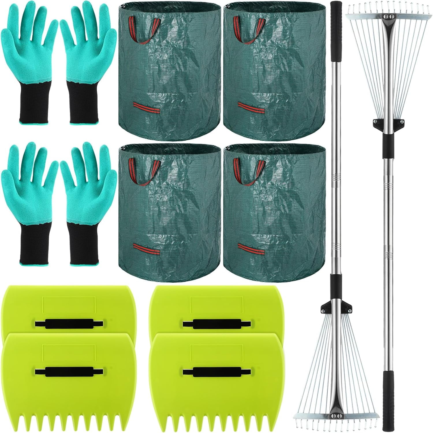 Wellsay 14 Pcs Gardening Leaf Rake Set, 2 Pcs Adjustable Metal Leaf ...