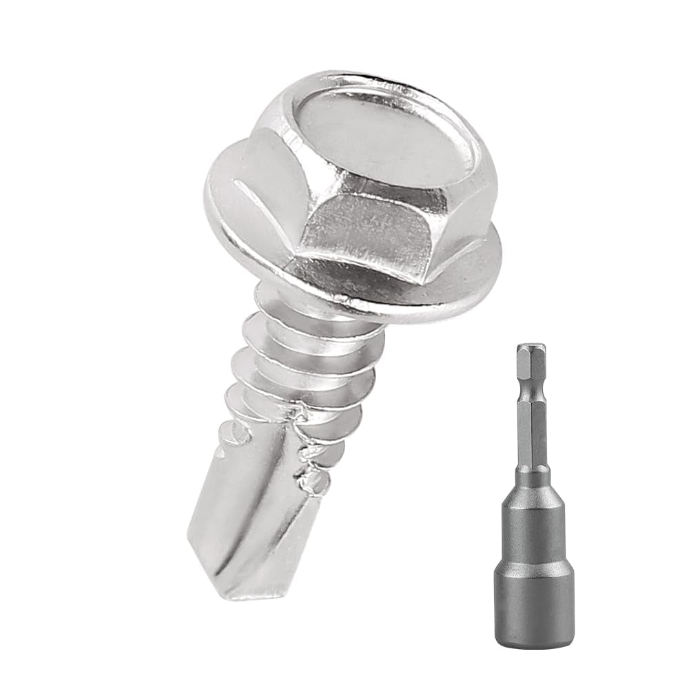 Wellsay #14 x 1 Hex Washer Head Self Drilling Screws (50 pcs), 410 Stainless Steel Flanged Hex ...