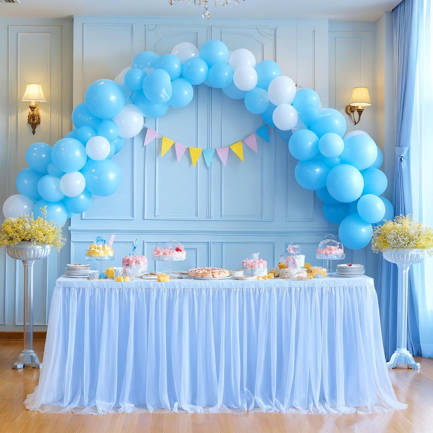 Wellsay 14ft Baby Blue Tulle Table Skirt for Baby Shower Boy Light Blue ...
