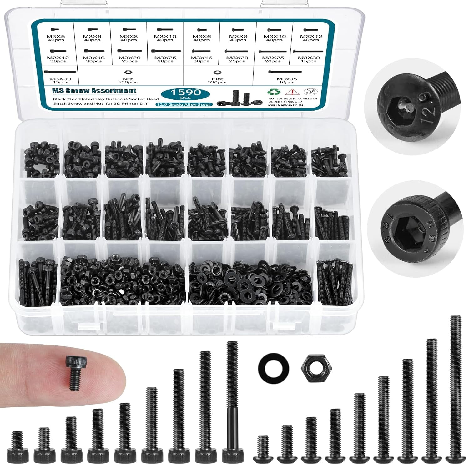 Wellsay 1590Pcs M3 Screw Kit - Assorted Black M3 Button & Socket Head ...