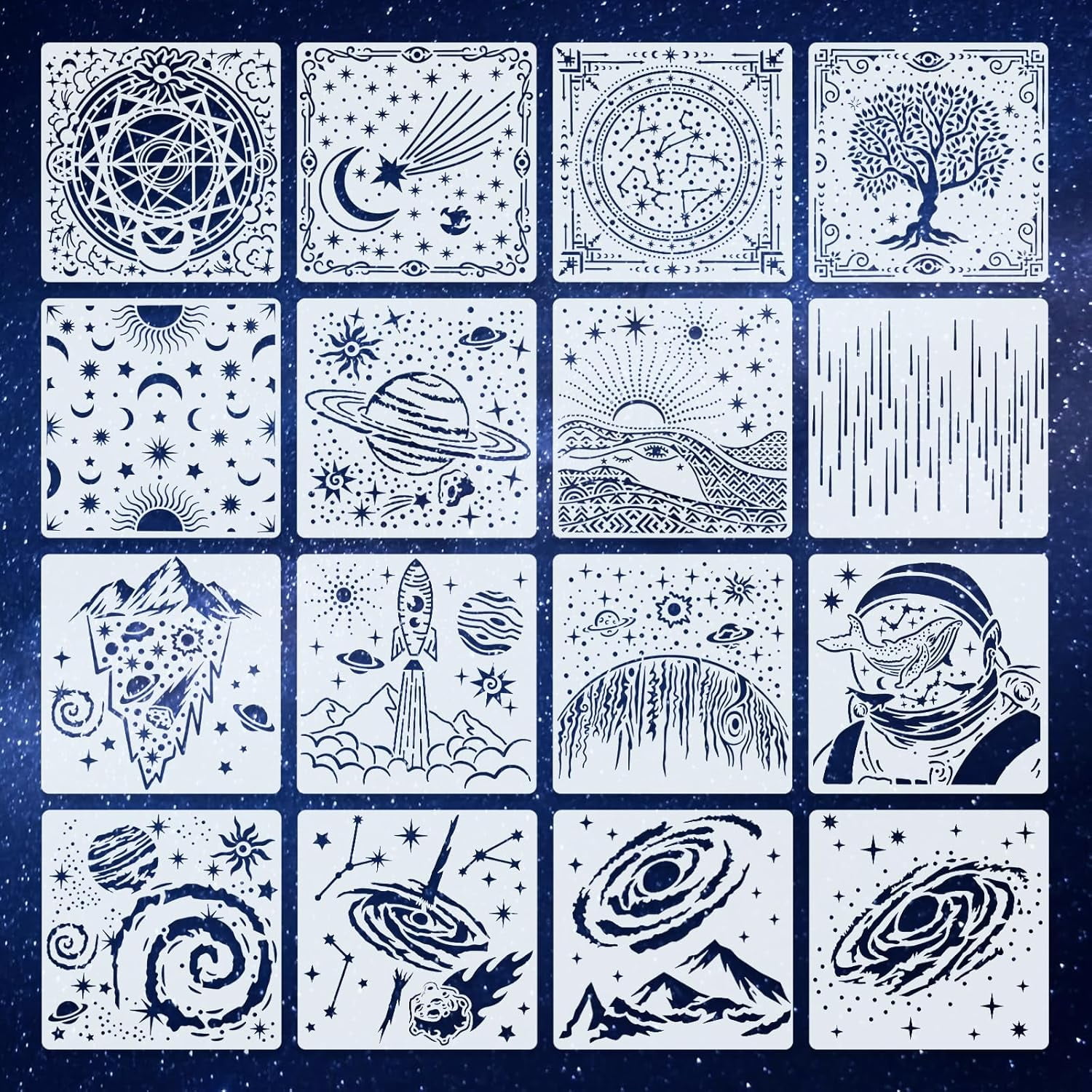 Wellsay 16 Pcs 6 Inch Art Stencils for Painting Reusable - Sun Moon and ...