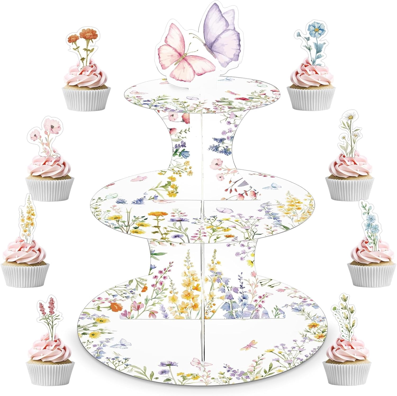 Wellsay 19Pcs Wildflower Party Decorations 3 Tier Floral Tea Cupcake ...
