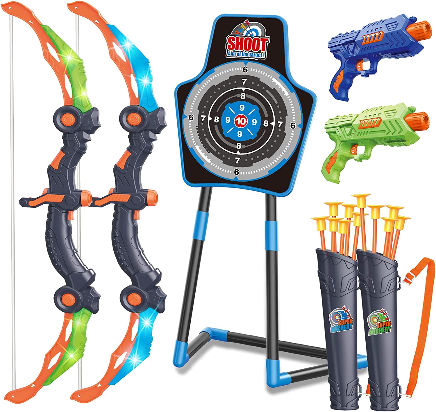 Wellsay 2 Bow and Arrow Sets with LED Light-up,2 Foam Dart Guns for ...