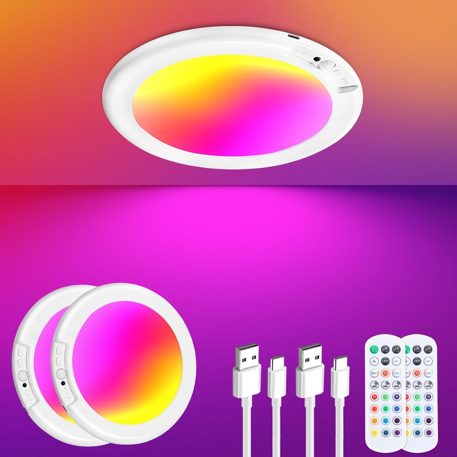 Wellsay 2 Pack Rechargeable Ceiling Light with Remote - Shower Light ...