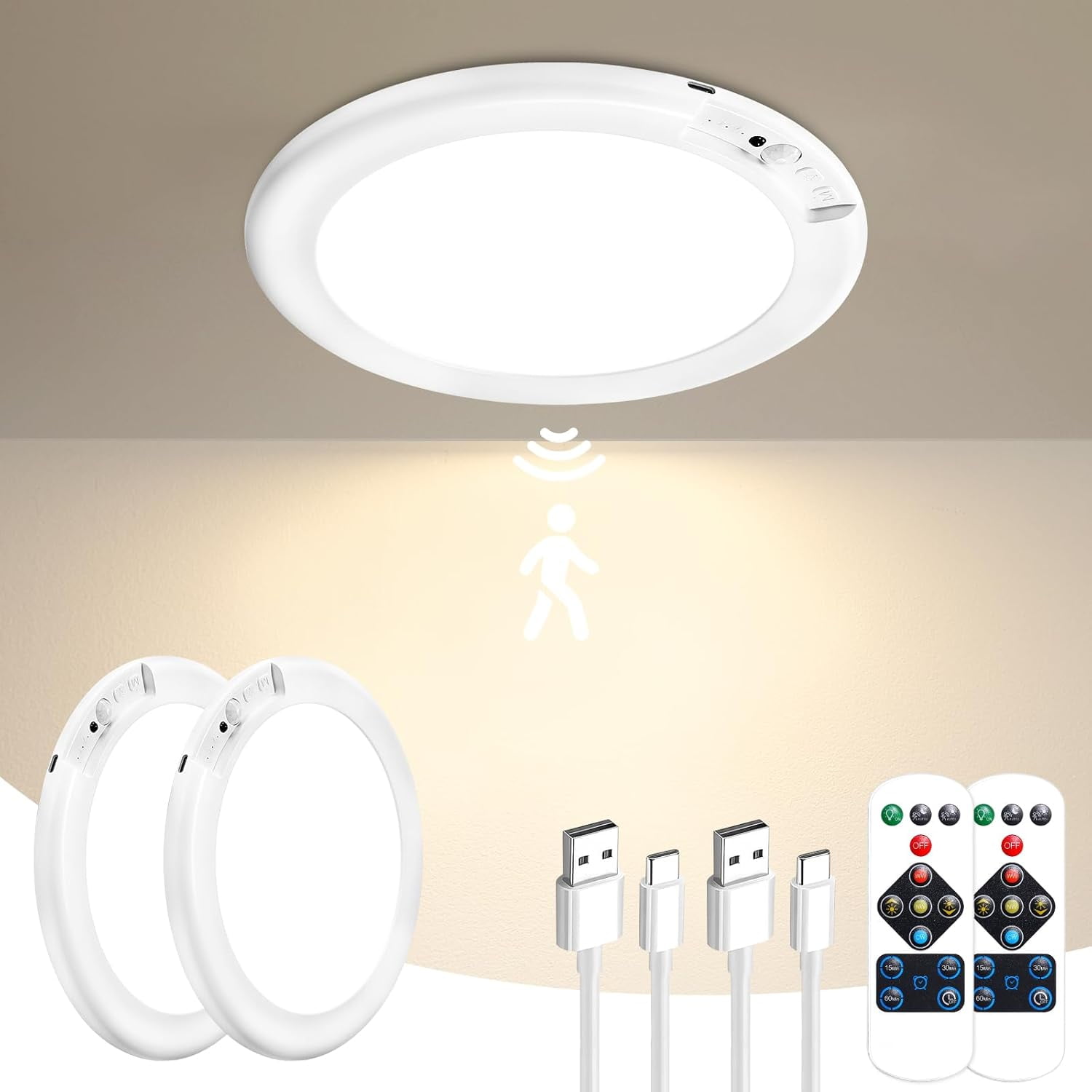 Wellsay 2 Pack Rechargeable Motion Sensor Ceiling Light with Remote ...