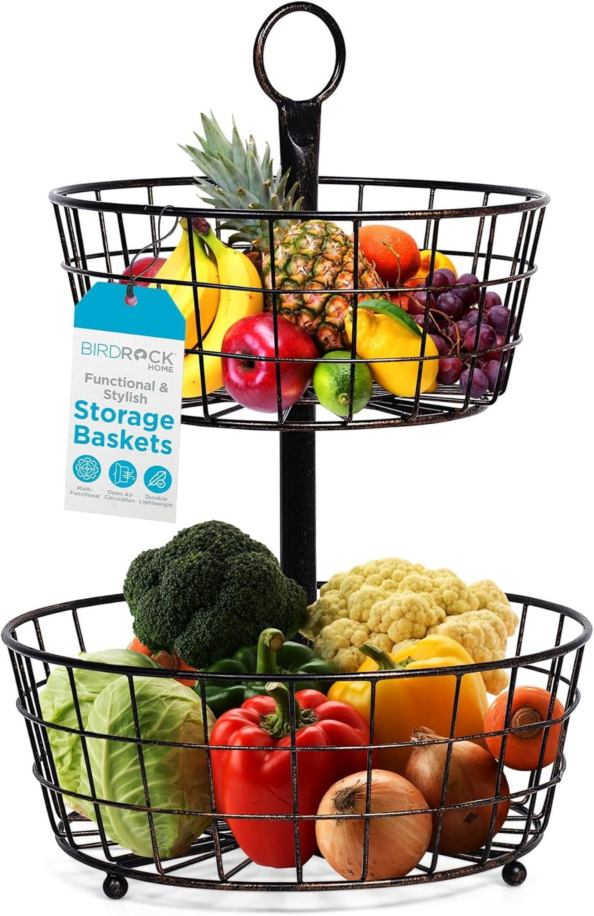 Wellsay 2 Tier Wire Fruit Basket Bowl - Round Metal Standing Storage ...