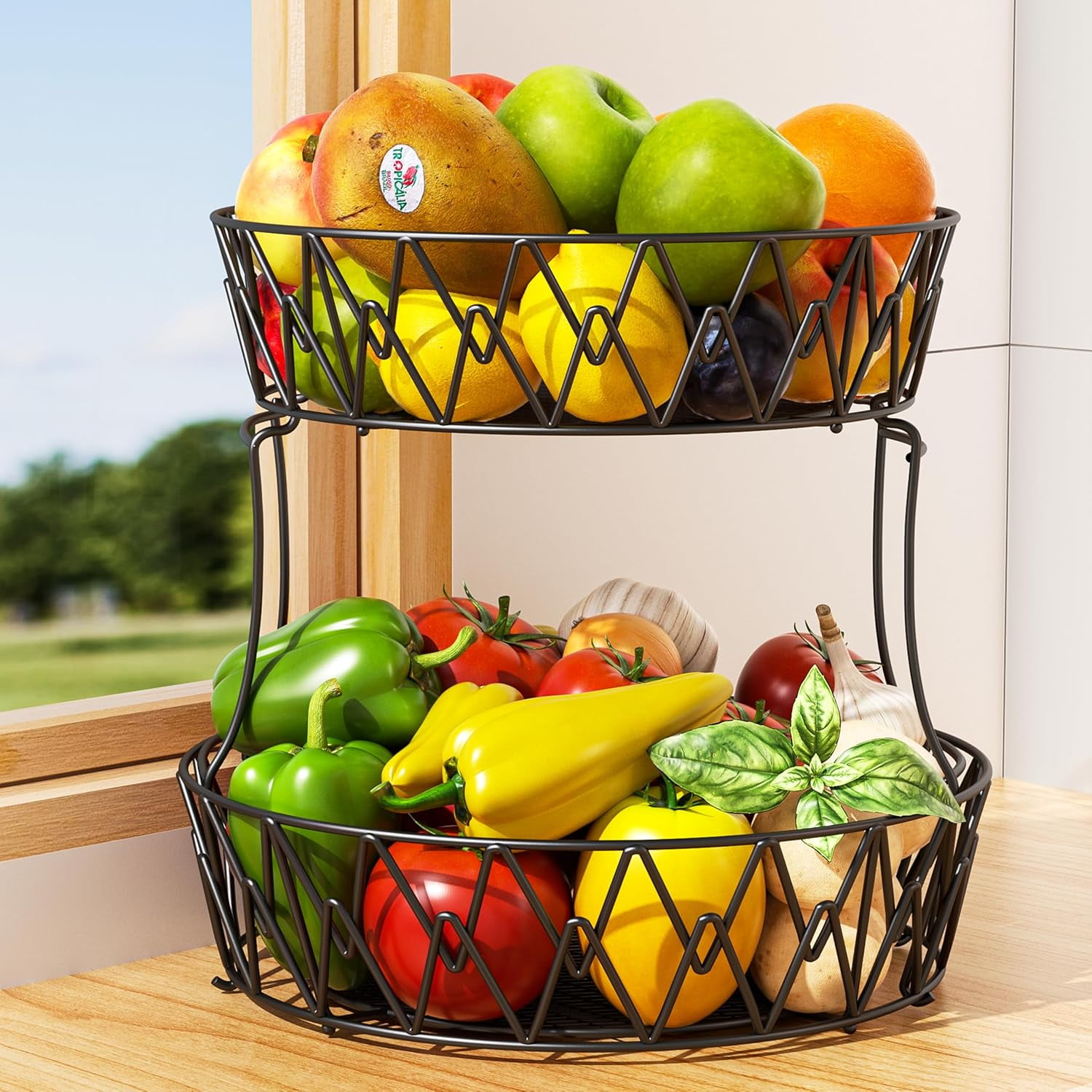 Wellsay 2-Tier Wire Fruit Basket for Kitchen Counter,Corner Fruit Stand ...