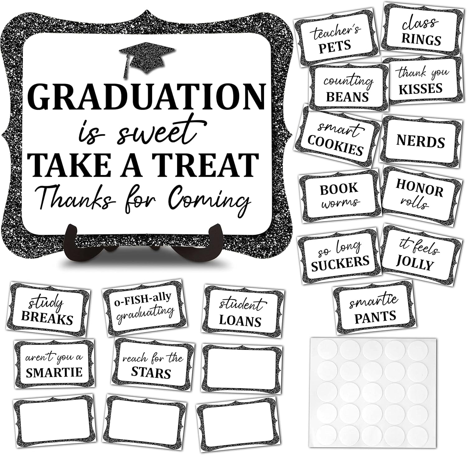 Wellsay 20PCS Candy Buffet Labels, 1 Black Glitter Graduation Table ...