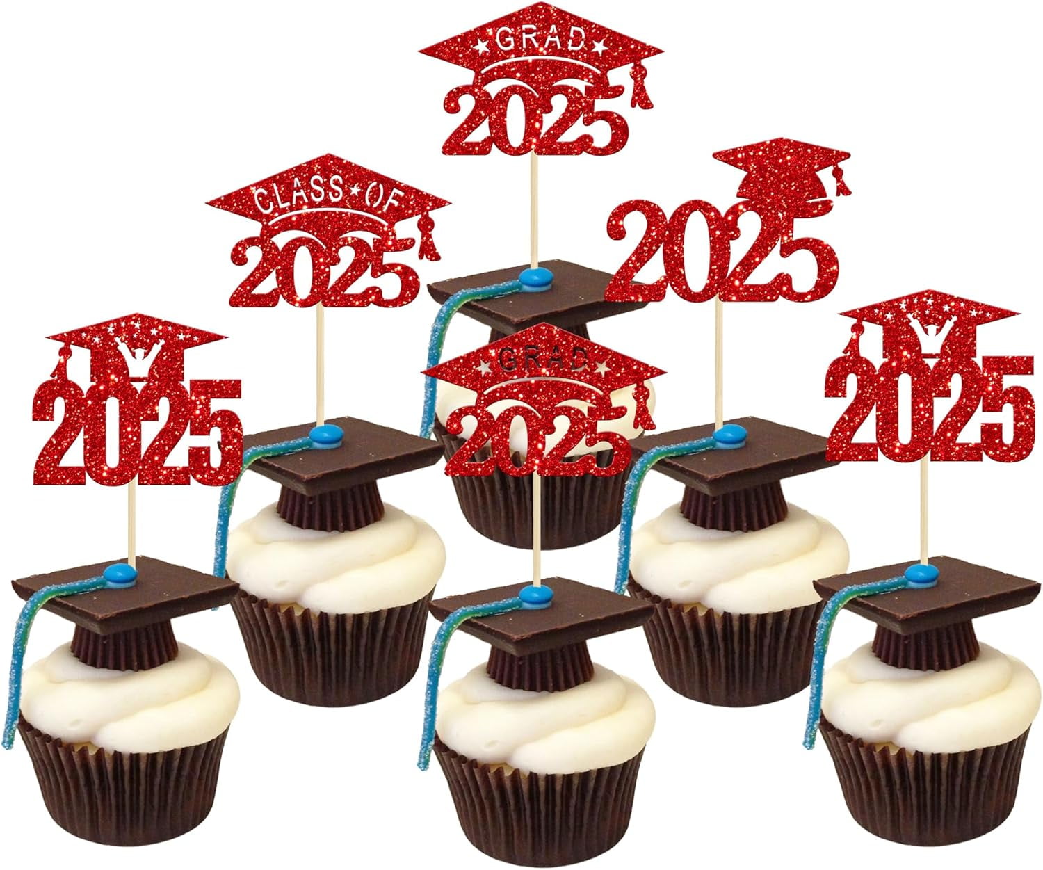 Wellsay 24 PCS 2025 Graduation Cap Cupcake Tors Glitter Glitter Class of 2025 Grad Cap Cupake ...
