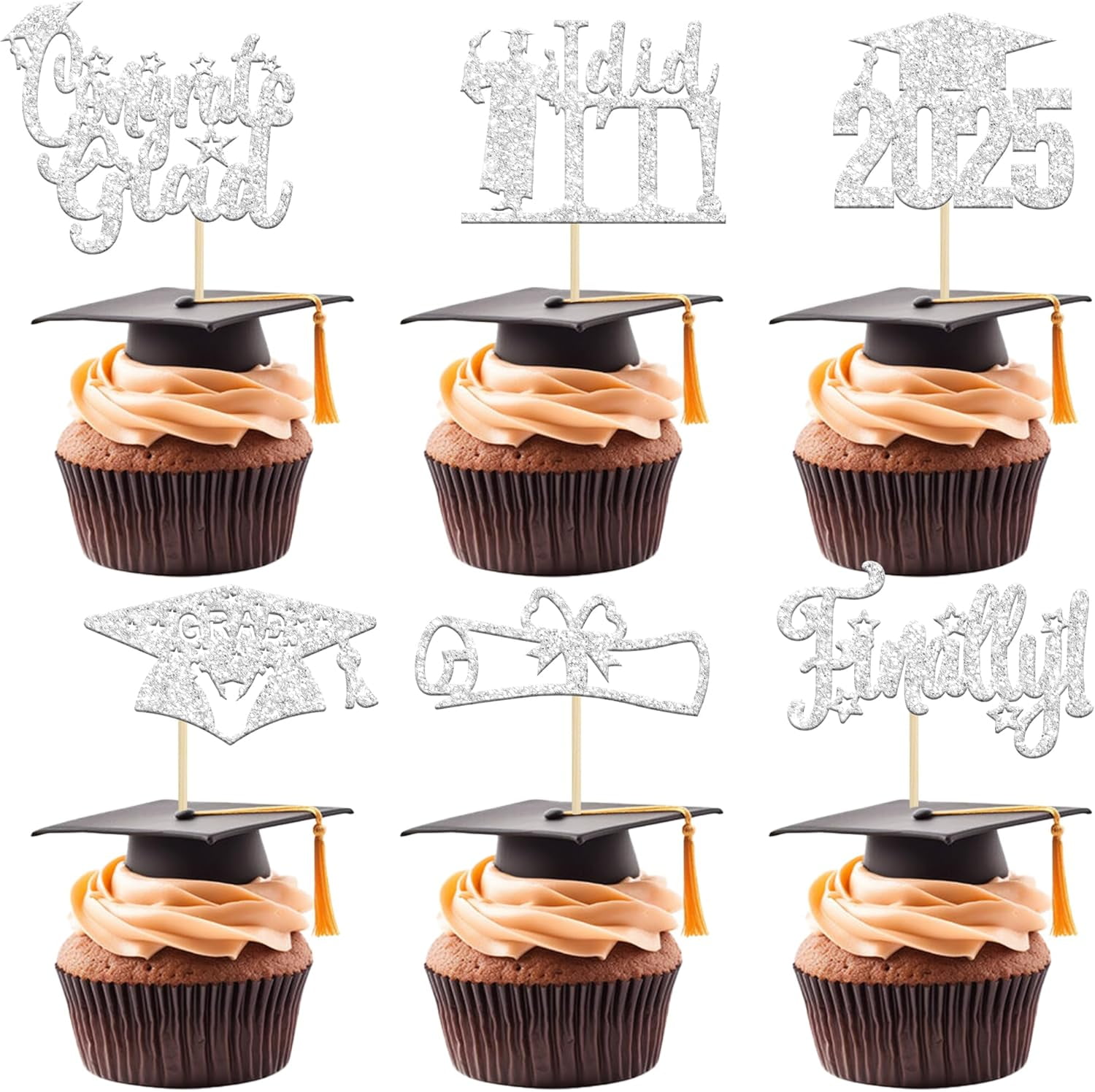 Wellsay 24 PCS 2025 Graduation Cupcake Tors Glitter 2025 Graduation Cap Diploma Congrats Grad ...