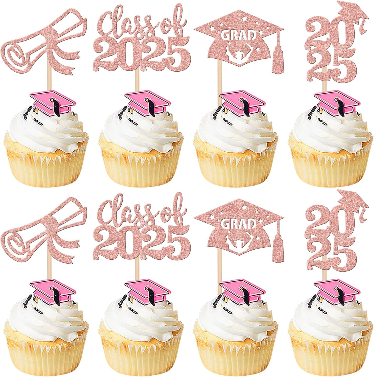 Wellsay 24 PCS 2025 Graduation Cupcake Tors Glitter Class of 2025 Diploma Grad Cap Cupcake Picks ...