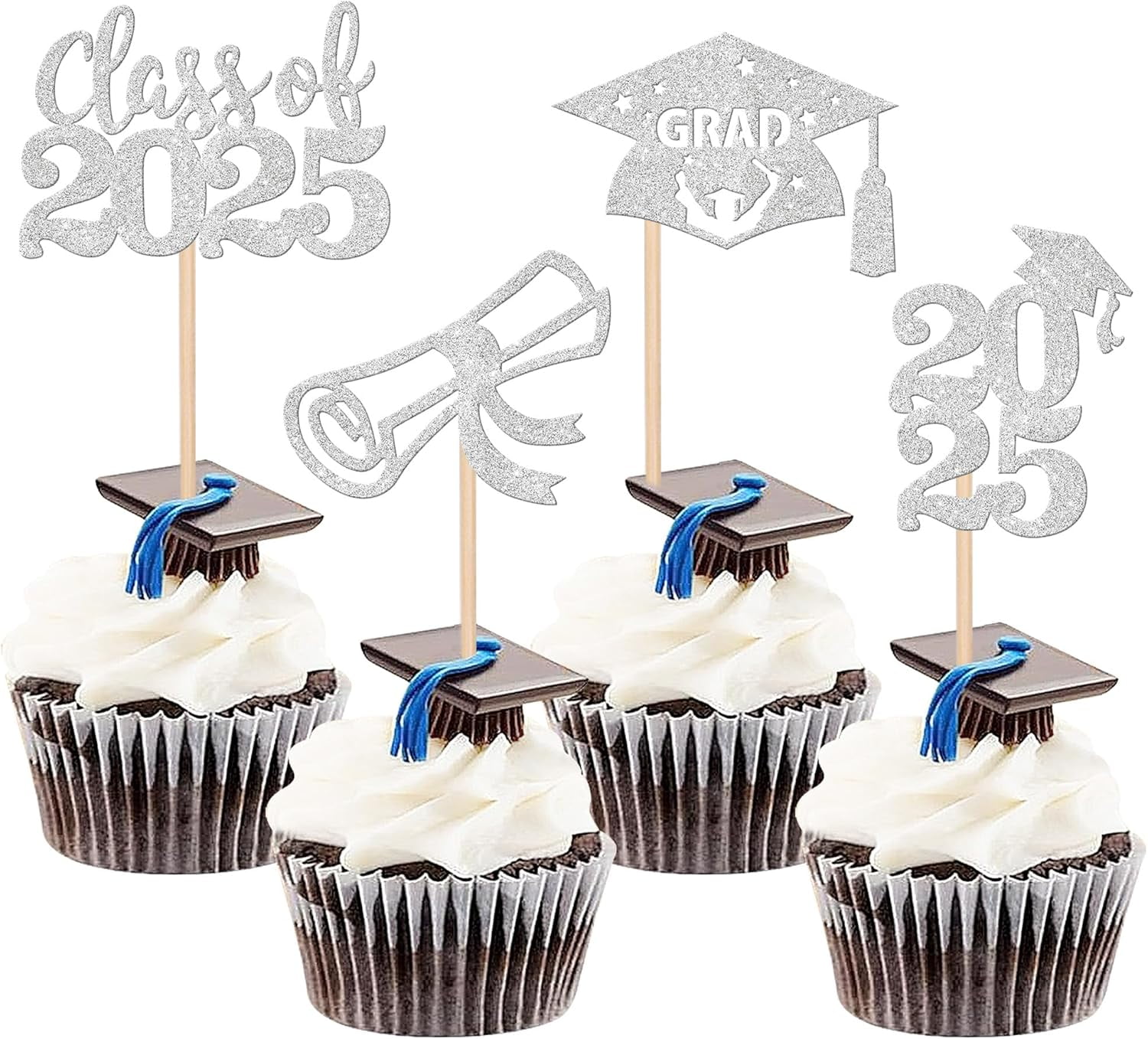 Wellsay 24 PCS 2025 Graduation Cupcake Tors Glitter Class of 2025 Diploma Grad Cap Cupcake Picks ...