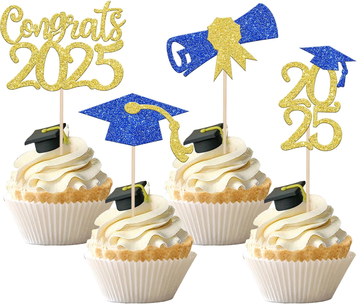 Wellsay 24 PCS 2025 Graduation Theme Cupcake Tors Blue Gold Glitter Class of 2025 Cupcake Picks ...