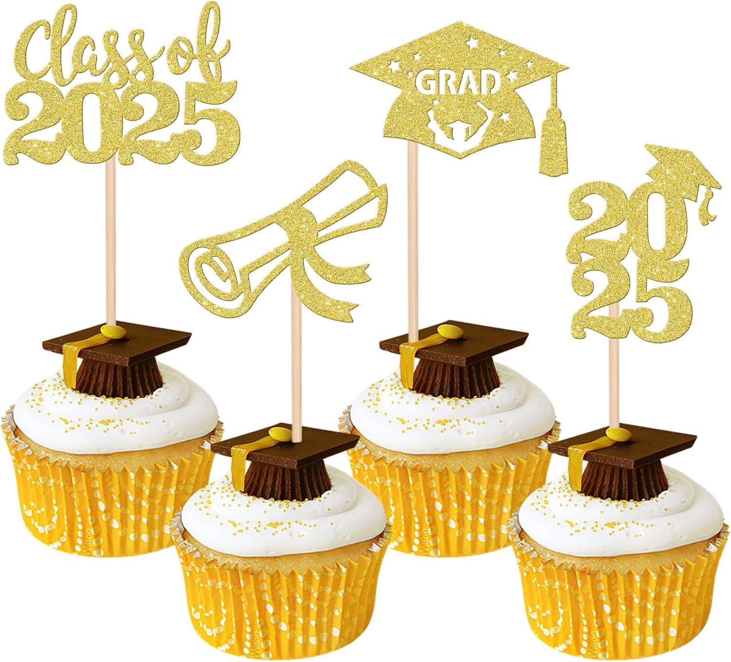 Wellsay 24 PCS Class of 2025 Graduation Cupcake Tors - Glitter Diploma Cap Picks for Theme Party ...