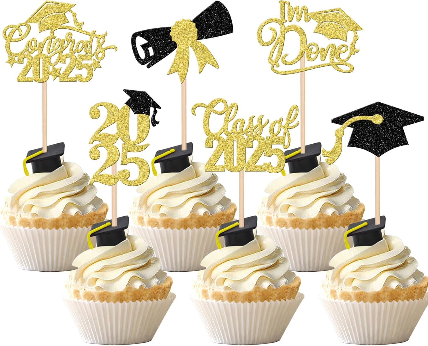 Wellsay 24 PCS Glitter 2025 Graduation Theme Cupcake Tors Diploma Grad Cap Done Congrats 2025 ...
