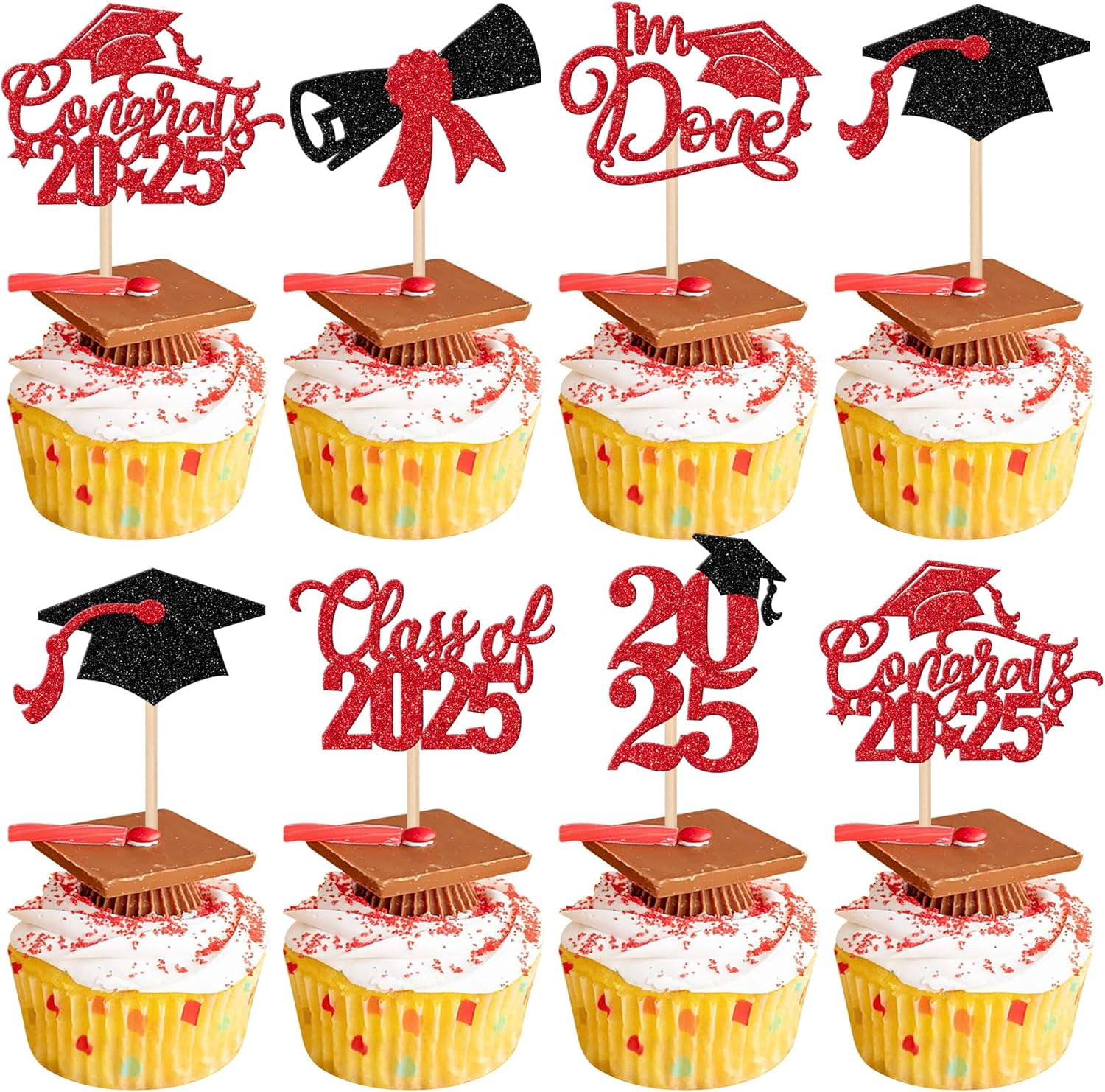 Wellsay 24 PCS Glitter 2025 Graduation Theme Cupcake Tors Glitter Class ...