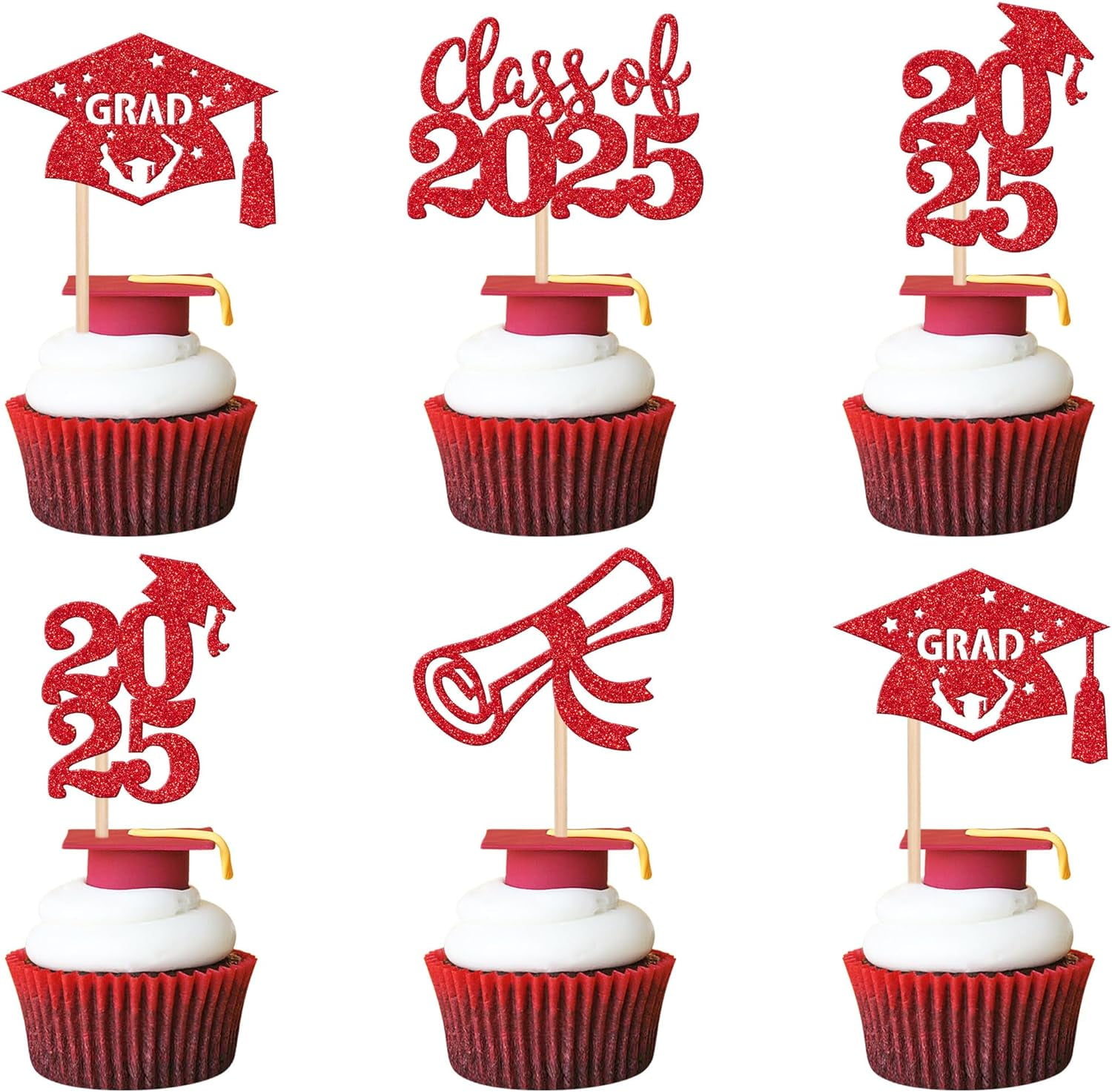Wellsay 24 PCS Graduation Cap Cupcake Tors Glitter Diploma Grad Cap Class of 2025 Cupcake Picks ...