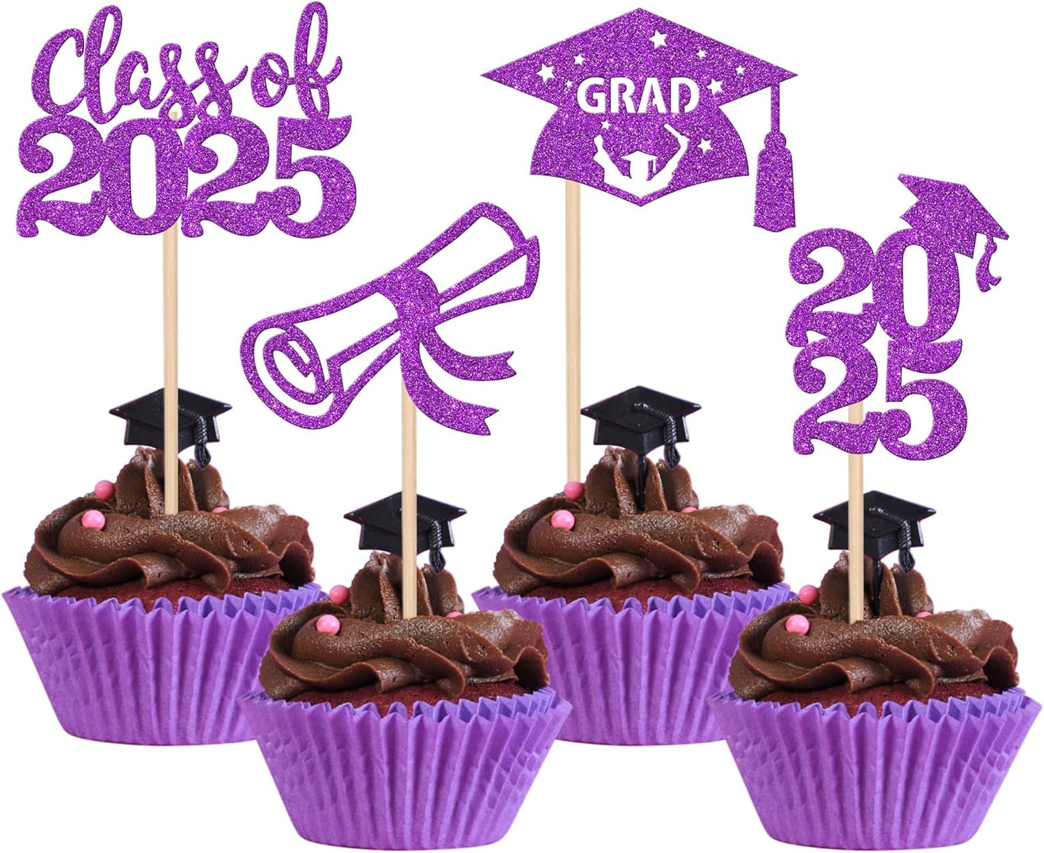 Wellsay 24 PCS Graduation Cap Cupcake Tors Glitter Diploma Grad Cap Class of 2025 Cupcake Picks ...
